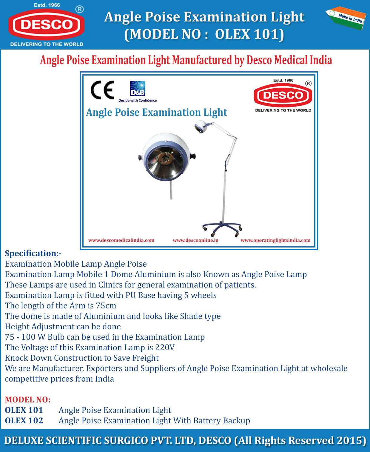 Angle Poise Examination OT Light - Manufacturers, Suppliers and Exporters