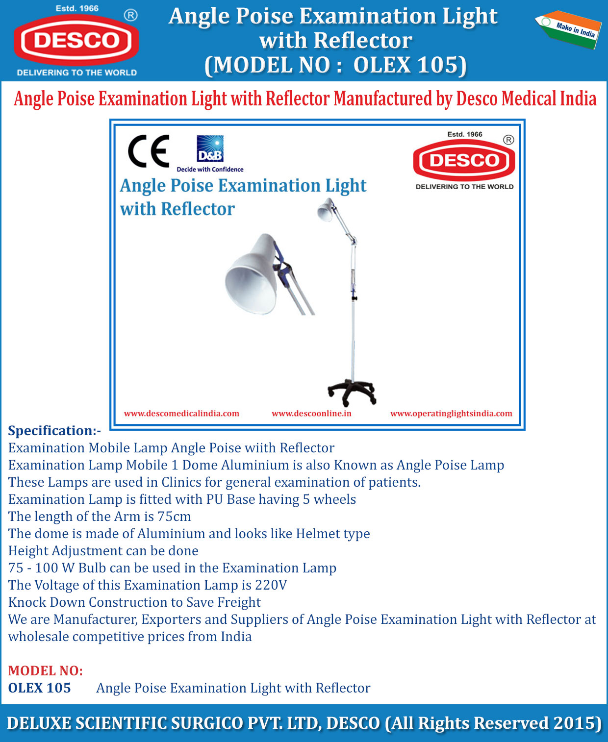 ANGLE POISE EXAMINATION LIGHT WITH REFLECTOR| Manufacturer, Exporter ...