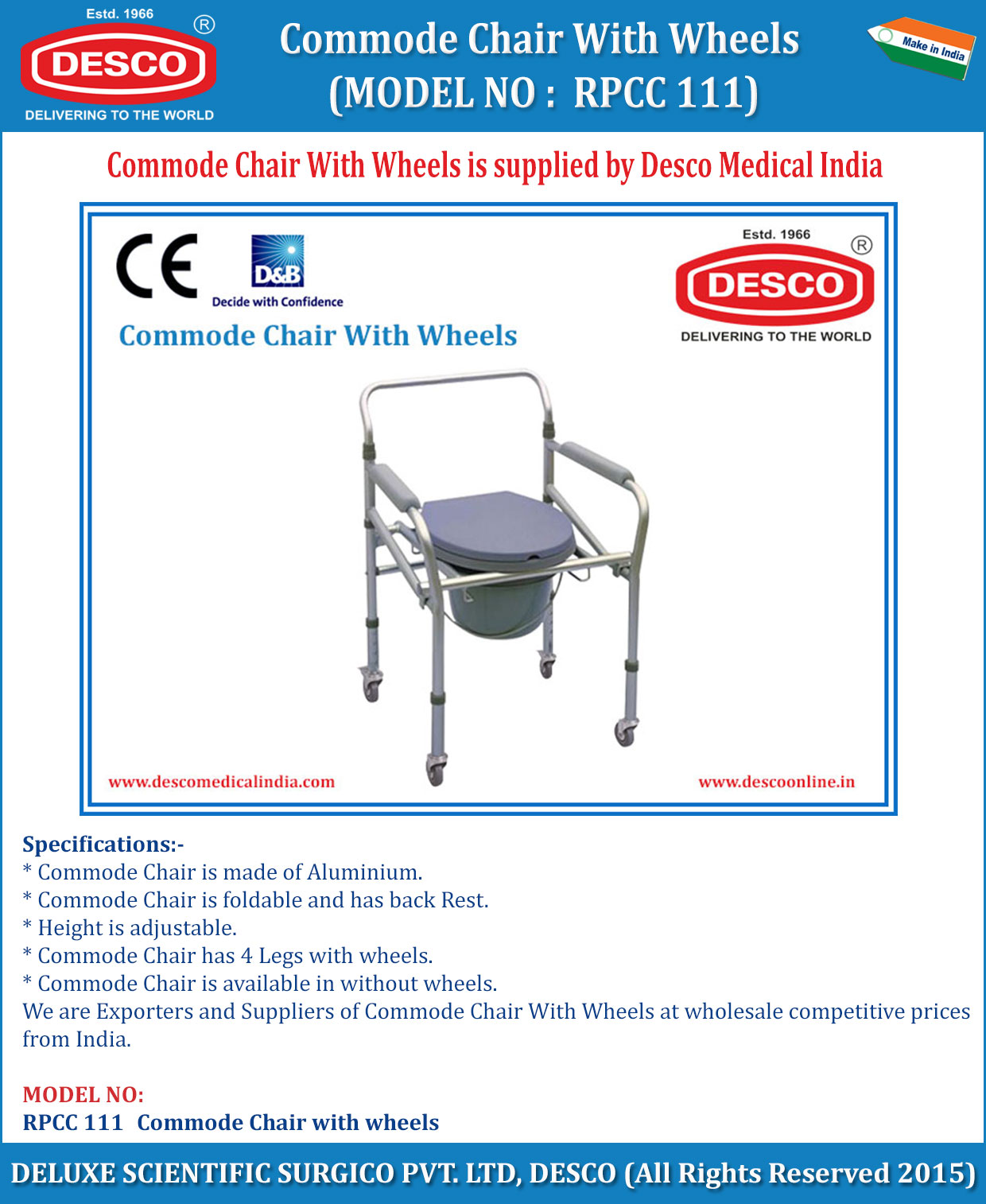 Commode Chair with Wheels | Manufacturer, Exporter & Supplier | DESCO