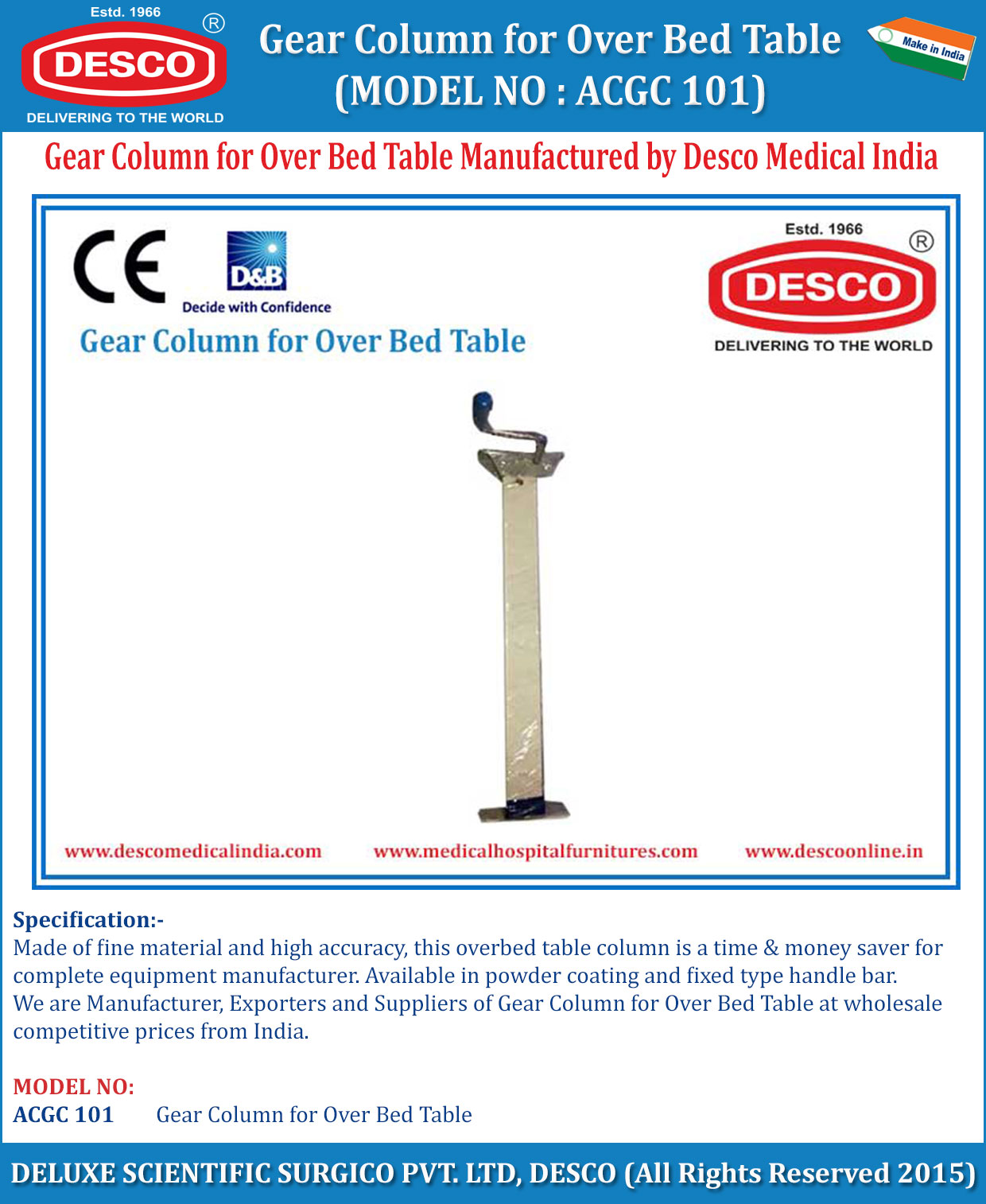 Gear Column for Over Bed Table Manufacturer in India | DESCO