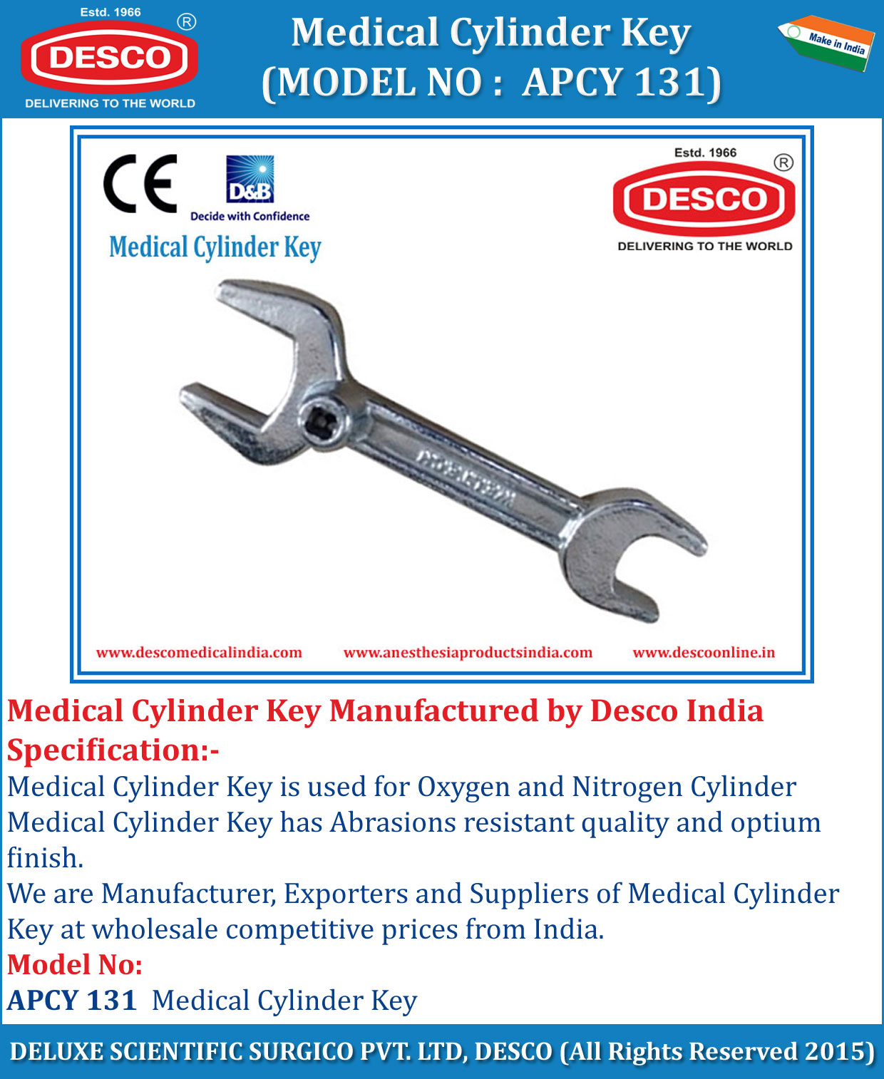 Medical Cylinder Key Manufacturers, Suppliers and Exporters | Desco ...