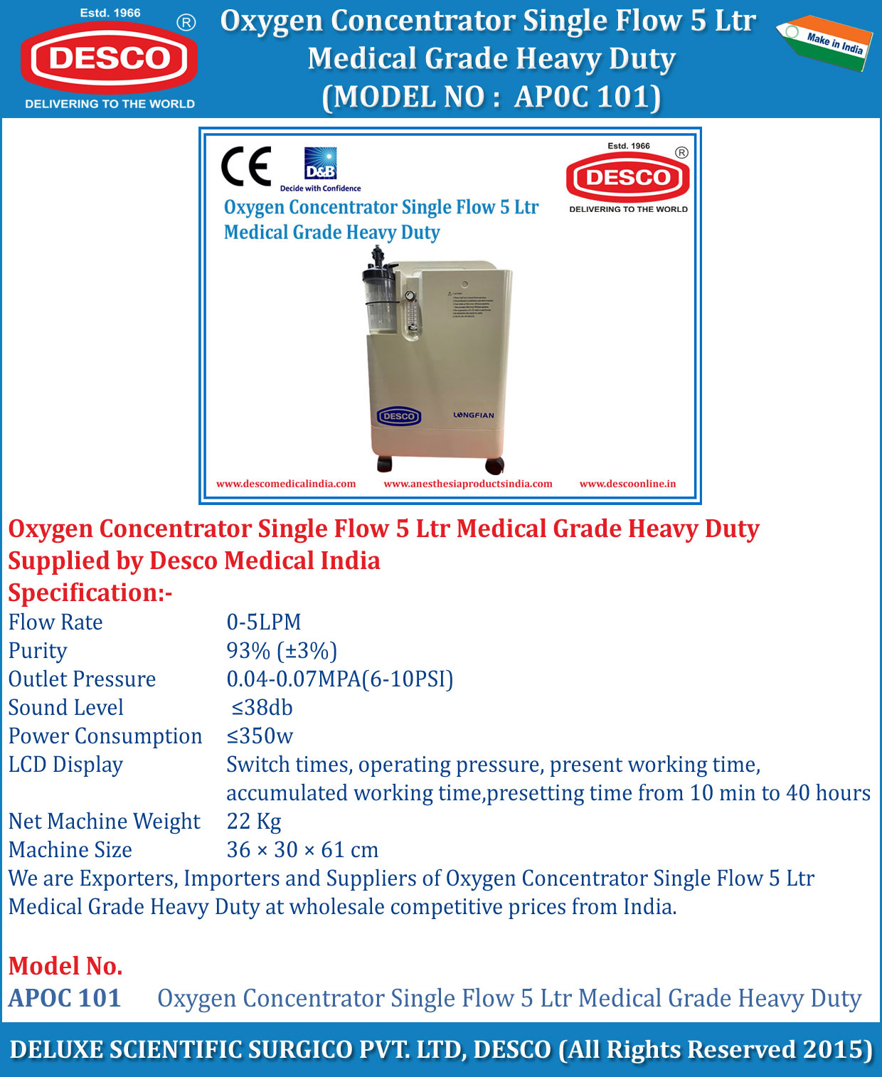 Oxygen Concentrator Single Flow 5 Ltr Medical Grade Heavy Duty | DESCO