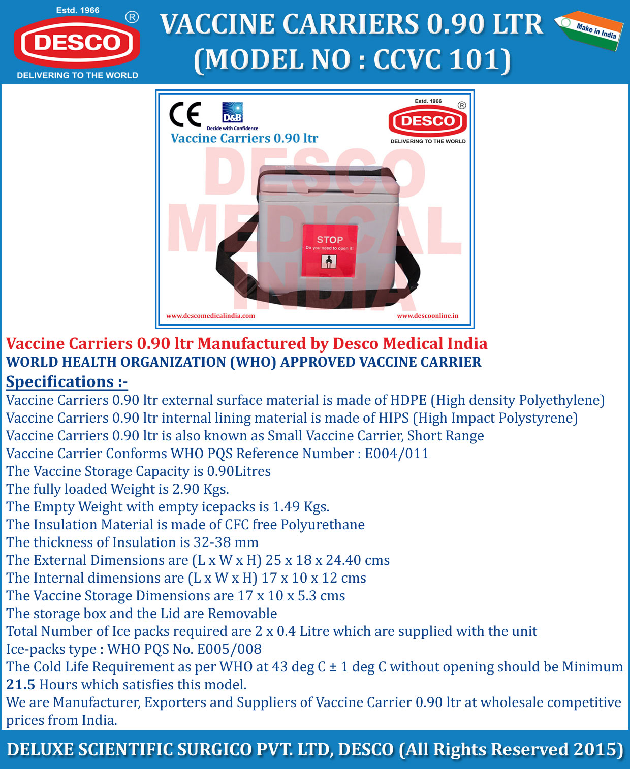 Vaccine Carriers and Boxes 0.90 LTR Manufacturer, Supplier & Exporter